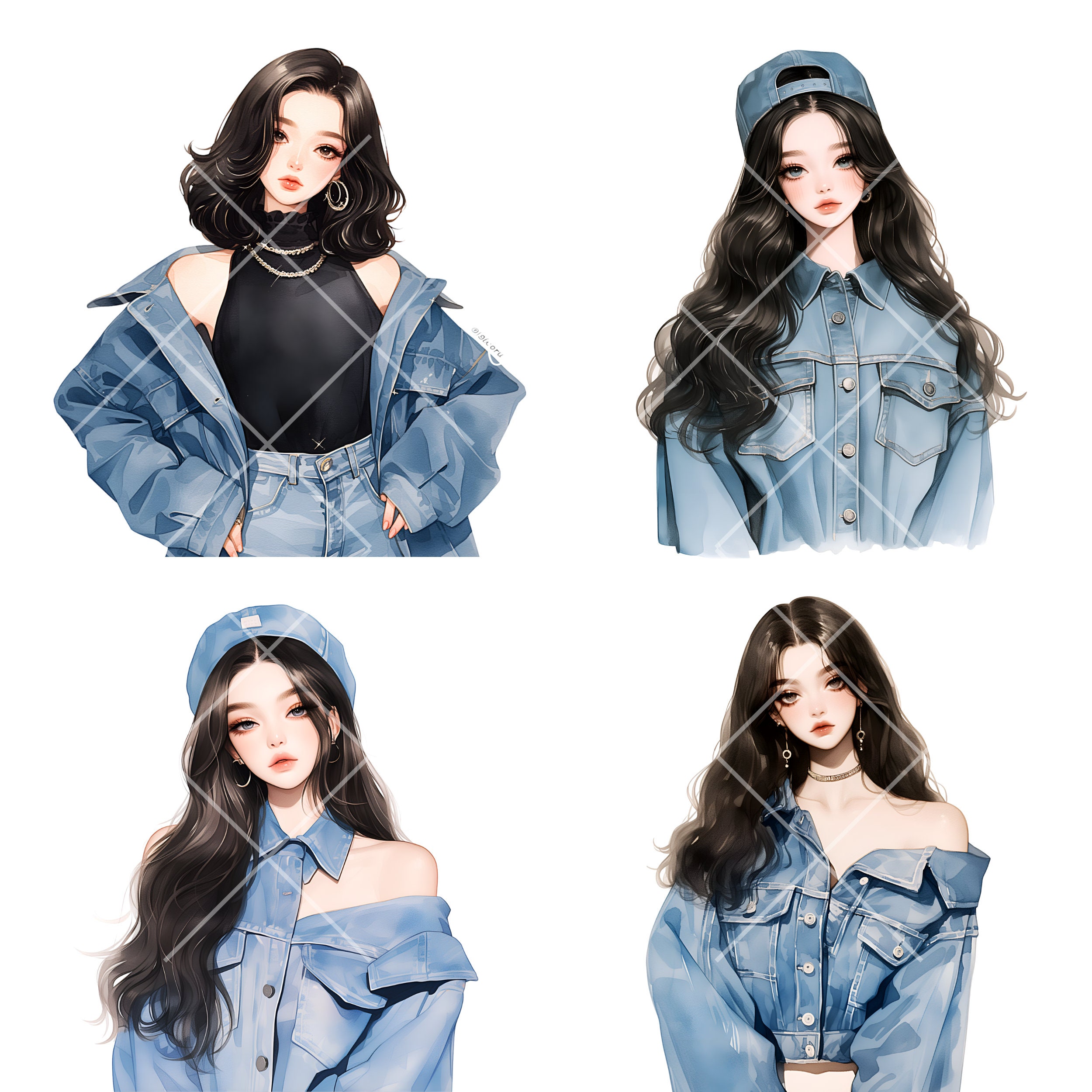 Watercolor Denim Girls Clipart Bundle, Girl in Denim Clipart, Fashion ...