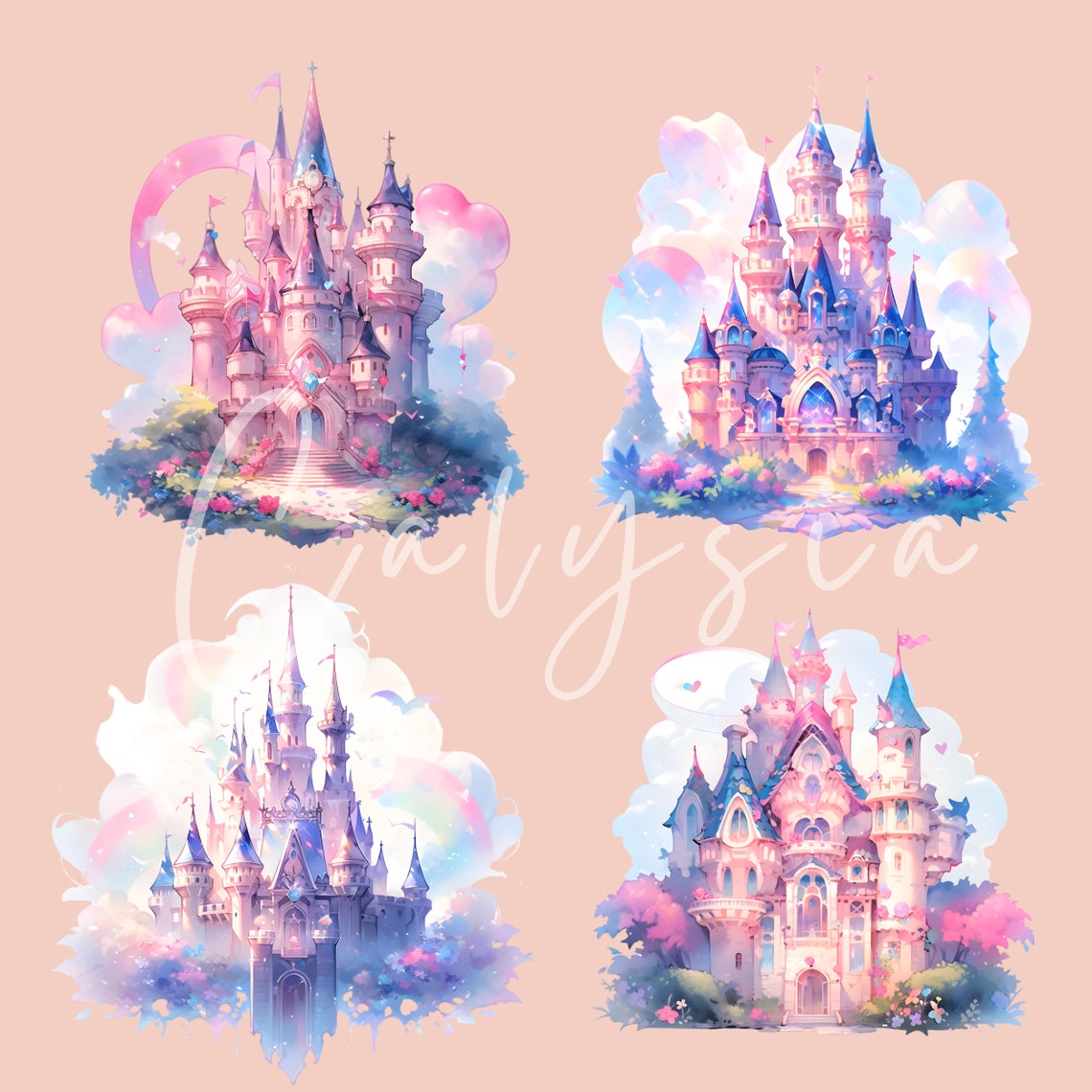 Watercolor Magical Castle Clipart Bundle, Transparent Background ...