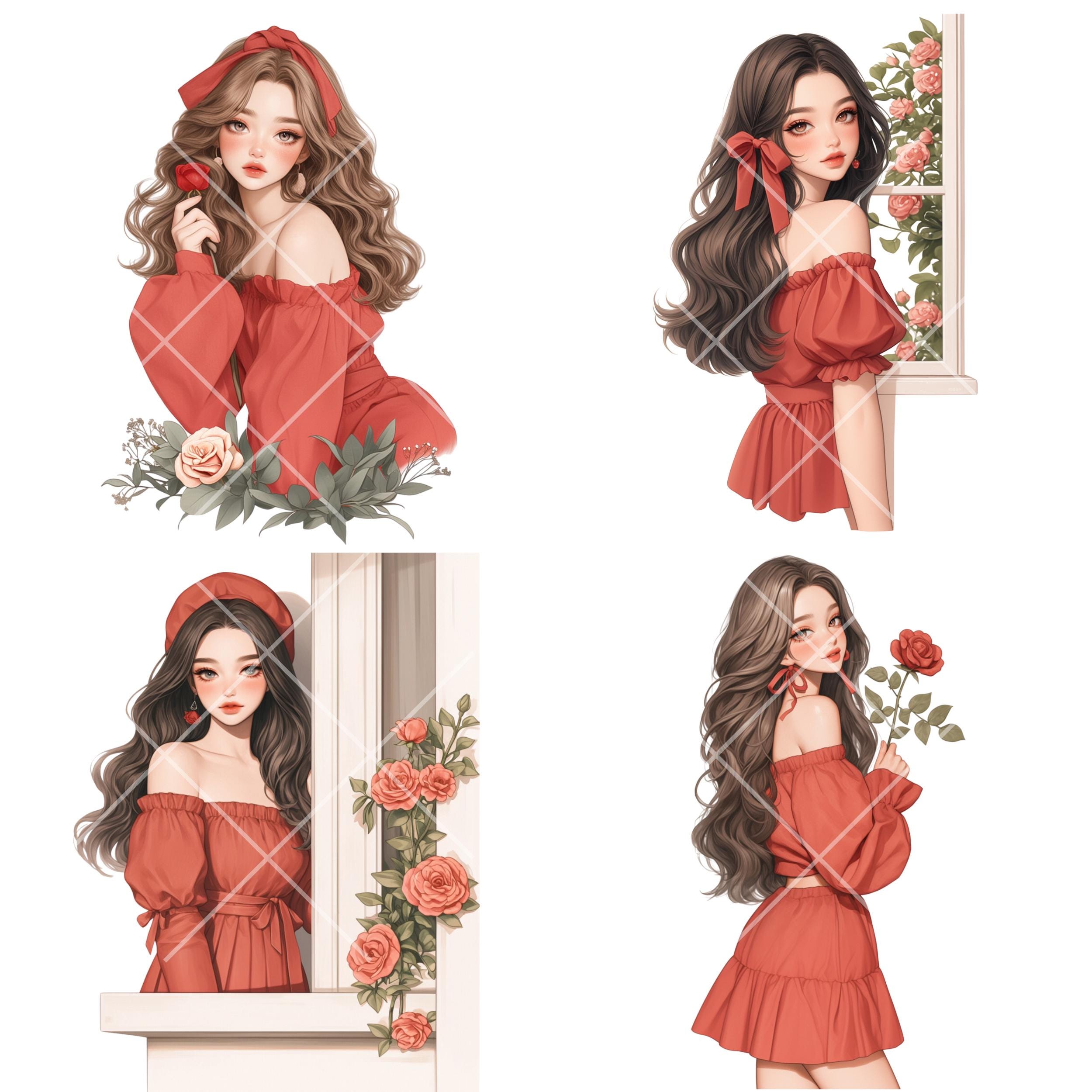 Red Roses Girl Clipart: Watercolor Flower PNG (digital Download) - Etsy