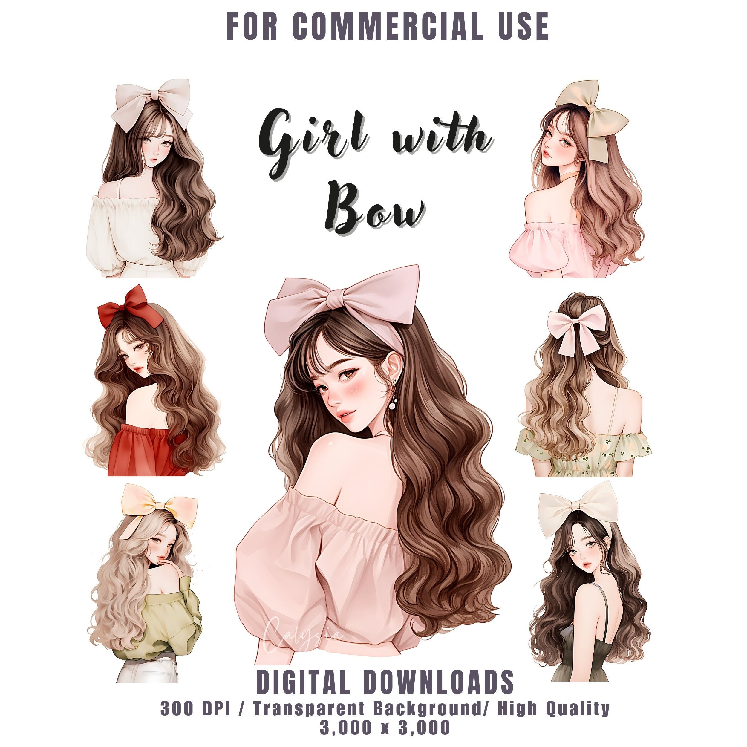 Watercolor Girl With Bow Clipart Bundle, Hair Ribbon Bow PNG, Pretty ...