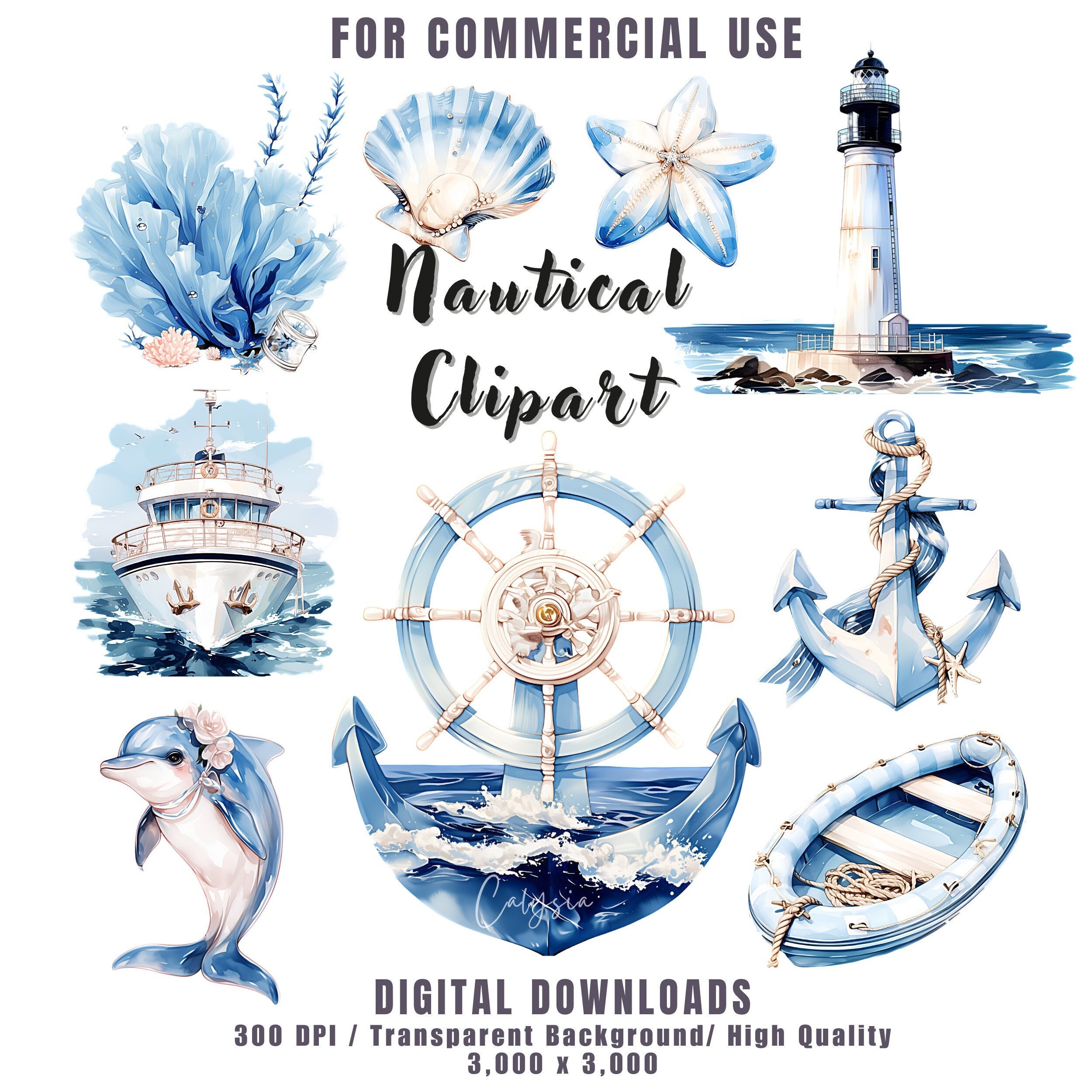 Nautical Element Clipart Bundle, Nautical PNG, Lighthouse, Coral ...