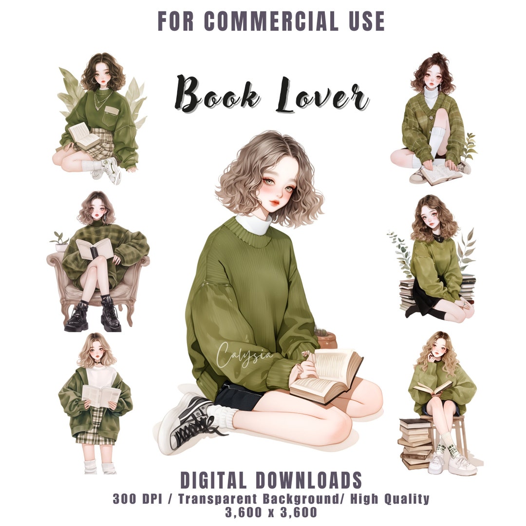 Watercolor Book Lover Girl in Green Clipart Bundle, Cute Girl Clipart ...