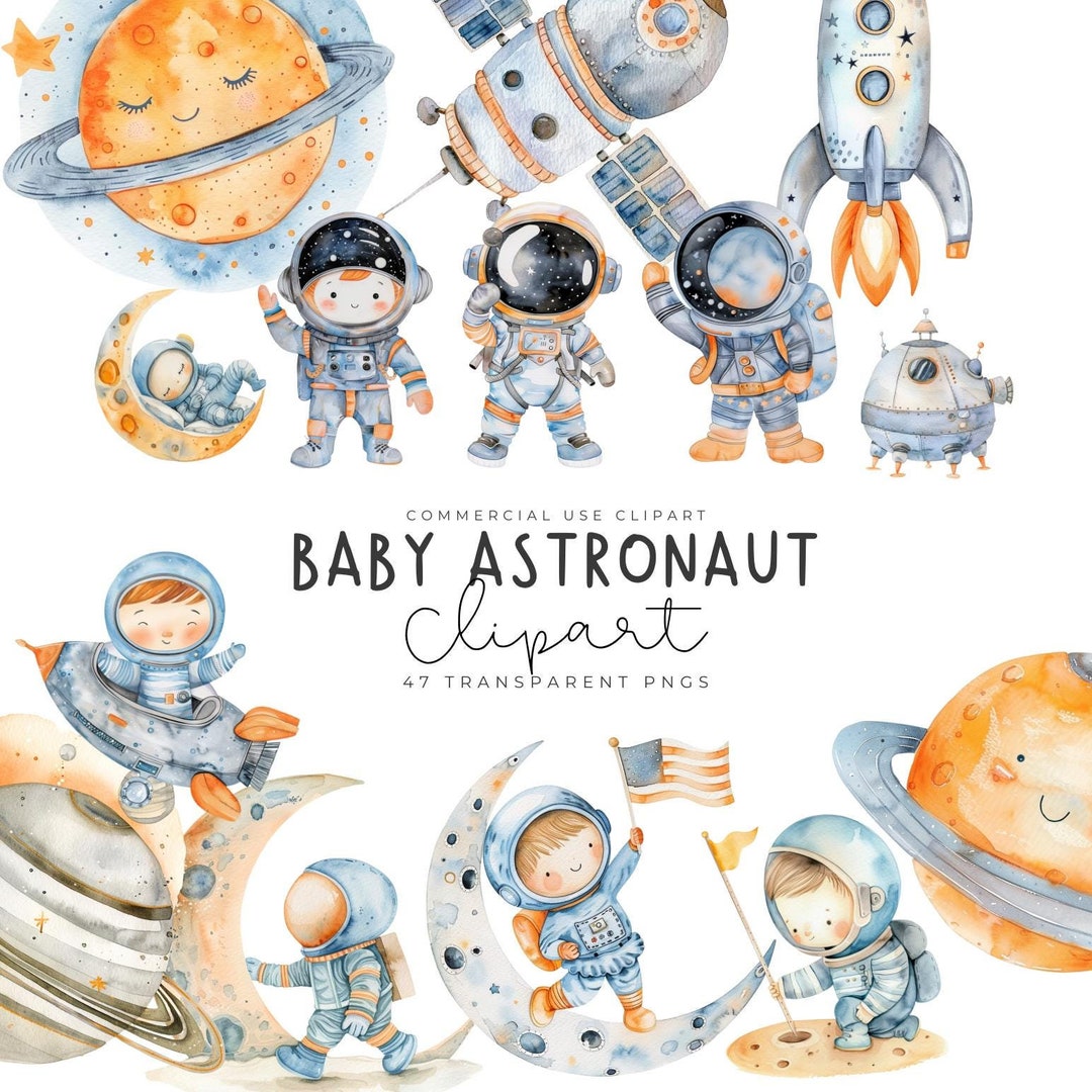 Watercolor Baby Astronaut Clipart Spaceships for Nursery Decor Cute ...