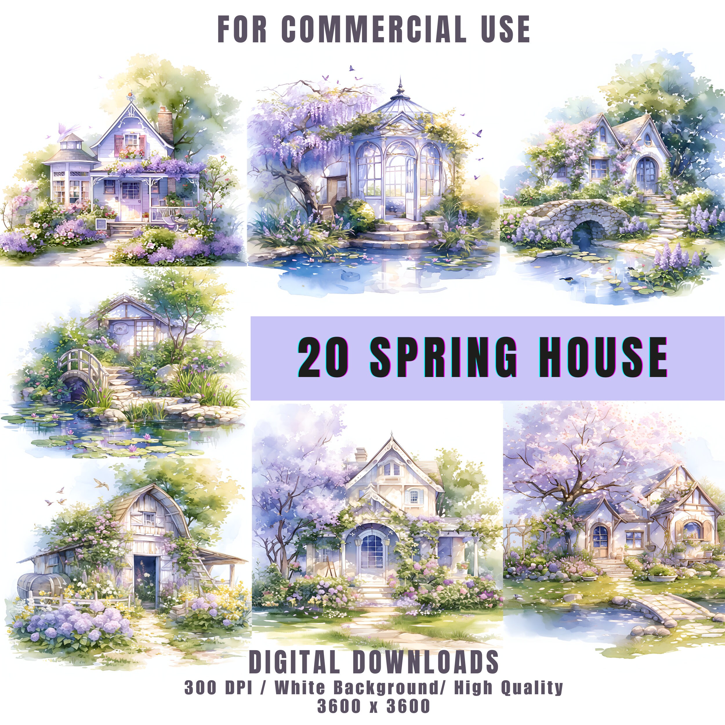 Watercolor Spring House Clipart Bundle, Barn and Green House Summer PNG ...