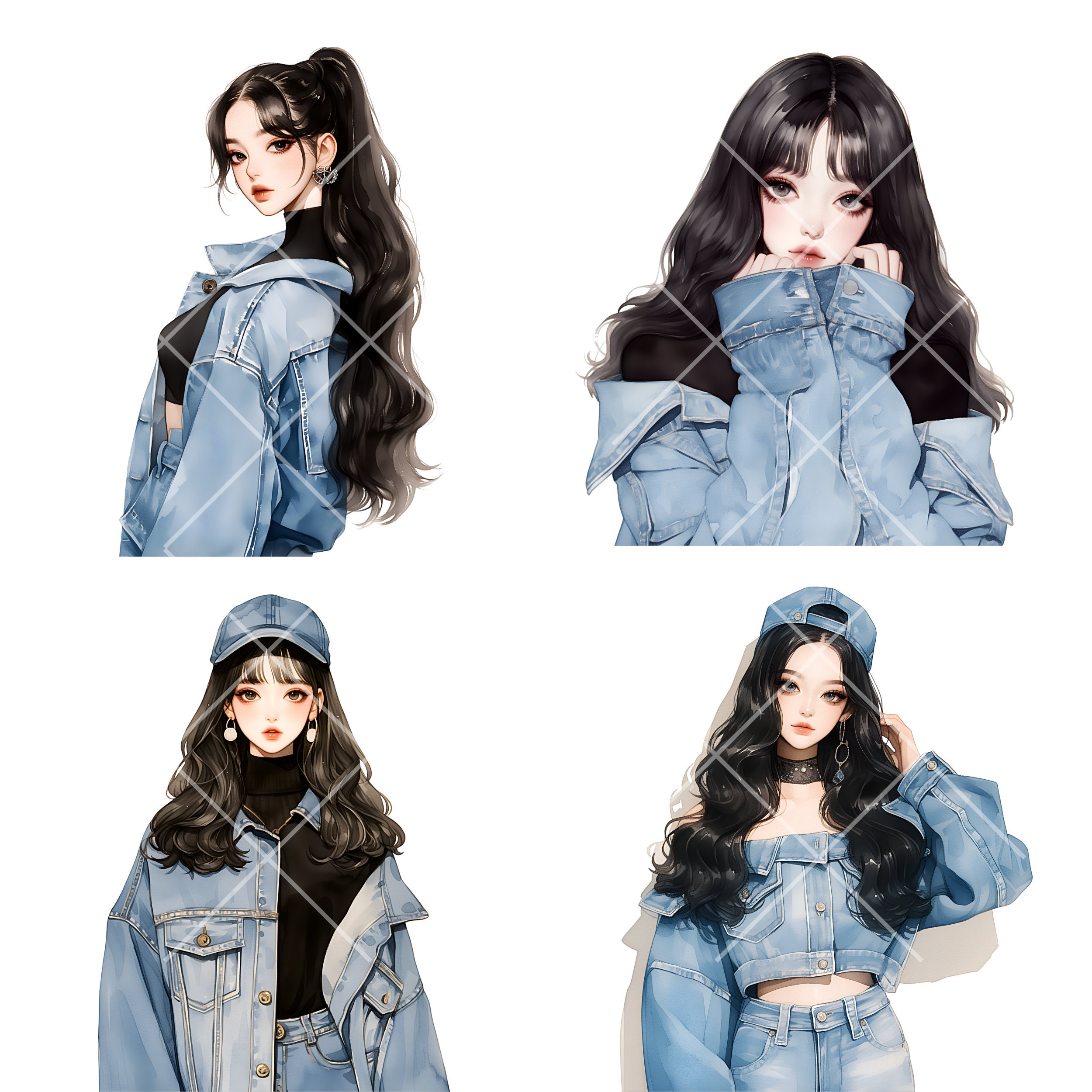 Watercolor Denim Girls Clipart Bundle, Girl in Denim Clipart, Fashion ...