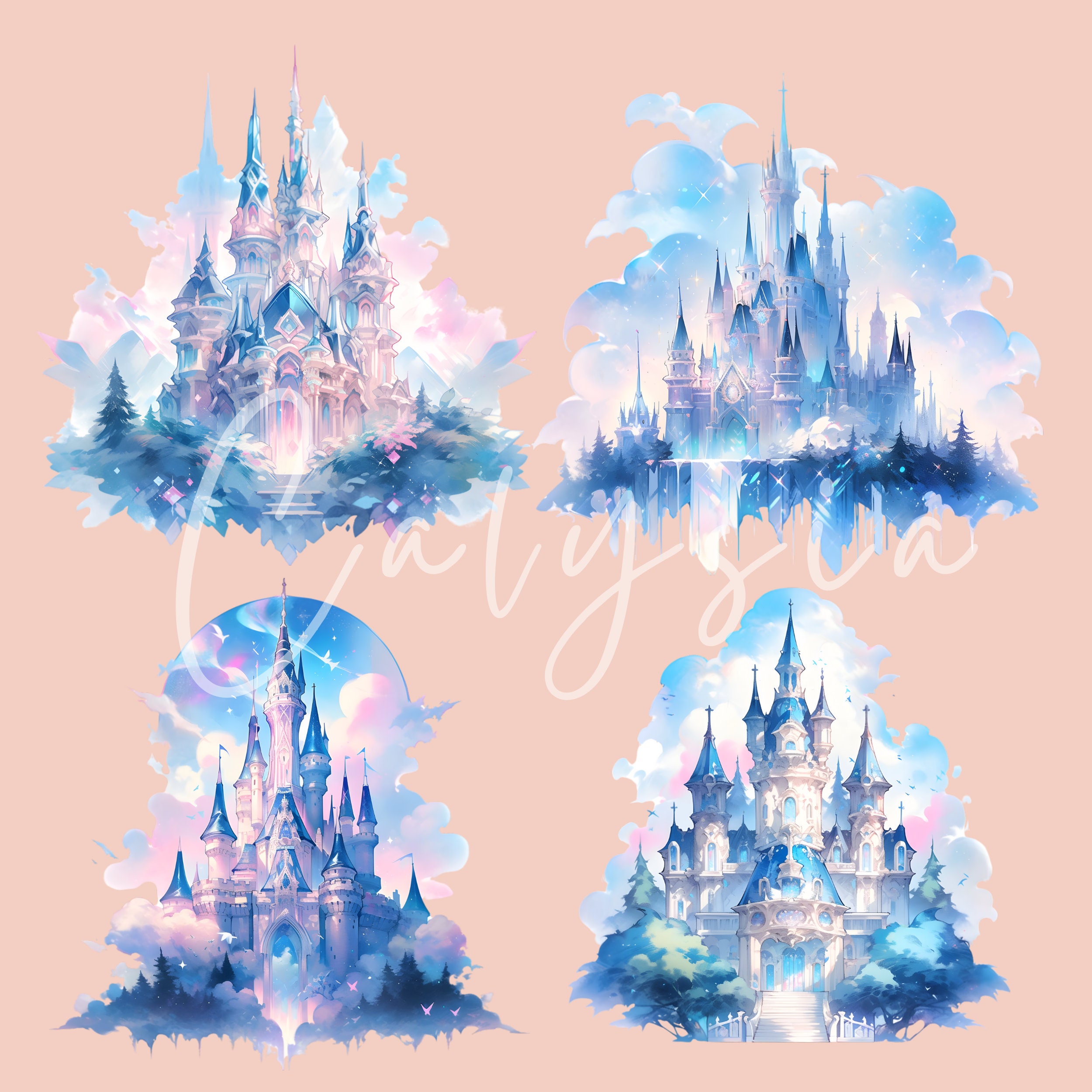 Watercolor Magical Castle Clipart Bundle, Transparent Background ...