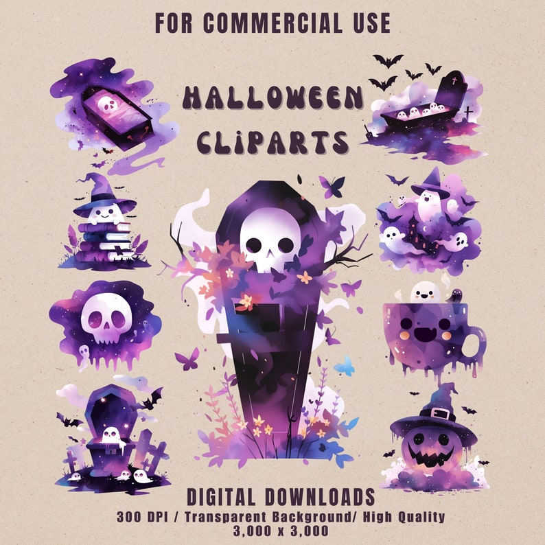 Watercolor Halloween Clipart Bundle: Spooky Ghost & Pumpkin PNG ...