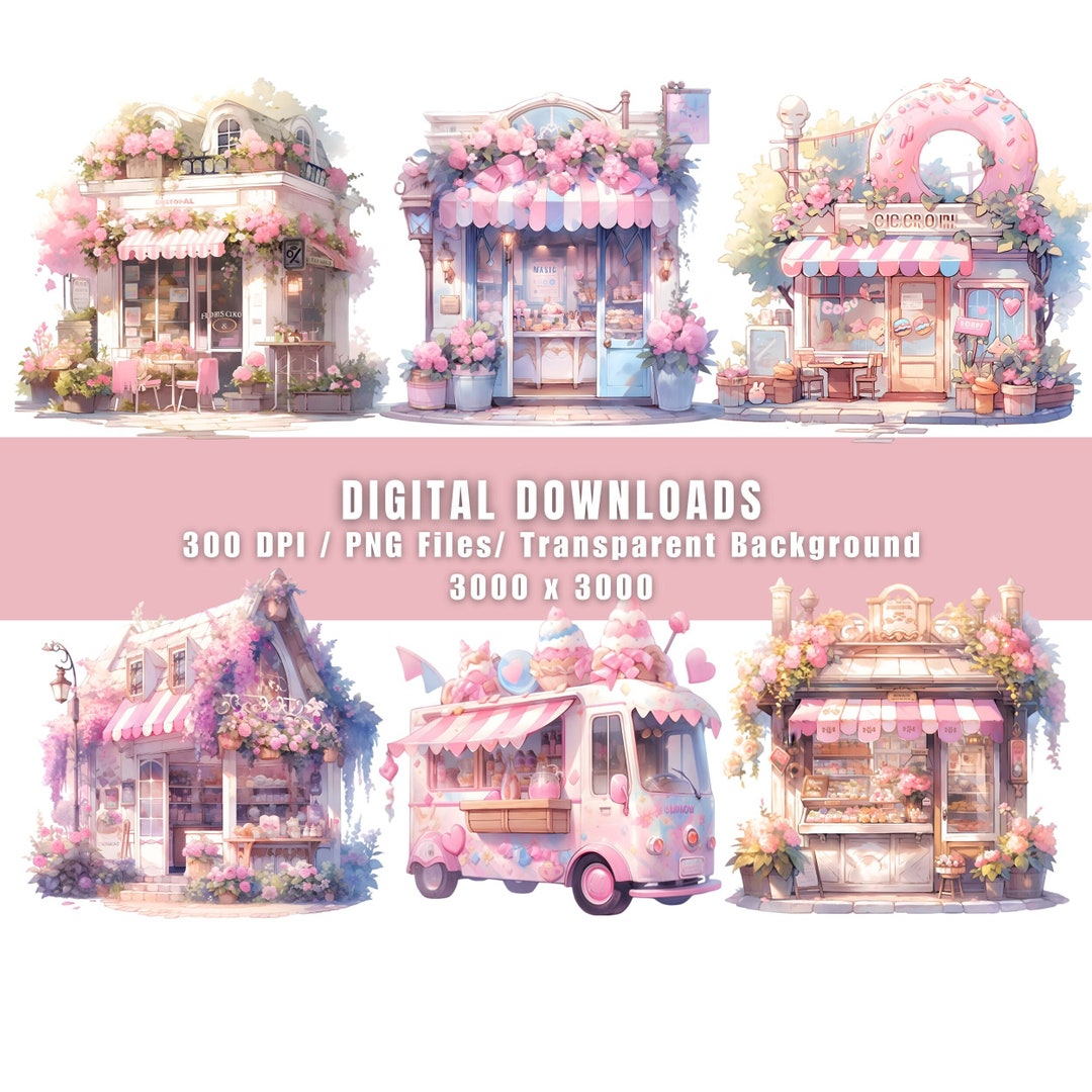 Pink Watercolor Cute Shops Clipart Bundle, Pink Shop PNG, Store Fantasy ...