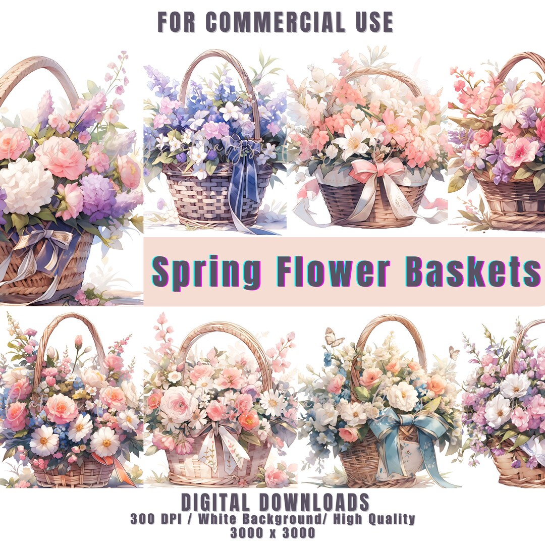 Spring Watercolor Flower Basket PNG Clipart Bundle, Floral PNG White ...