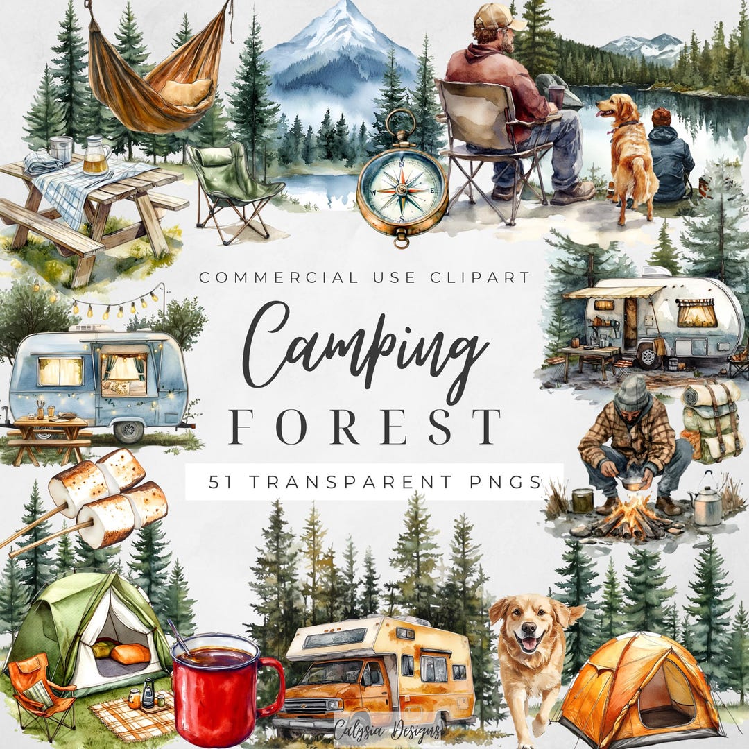 Watercolor Forest Camping Clipart, Outdoor Nature Adventure, Mountain ...