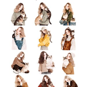 Watercolor Cat and Girl Clipart Bundle Kawaii Cute Kitten PNG Cozy ...
