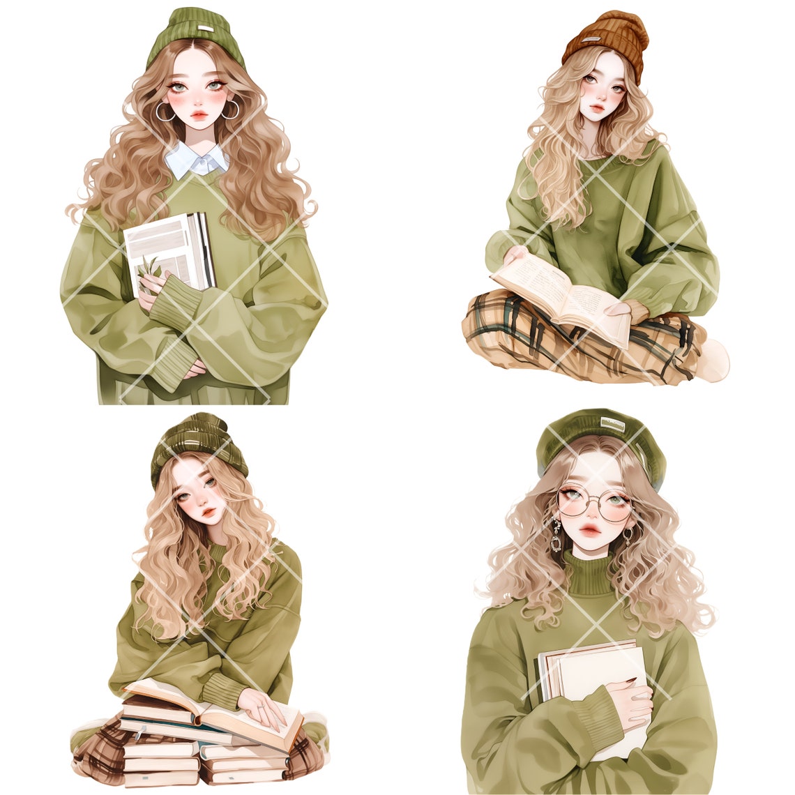 Watercolor Book Lover Girl in Green Clipart Bundle, Cute Girl Clipart ...
