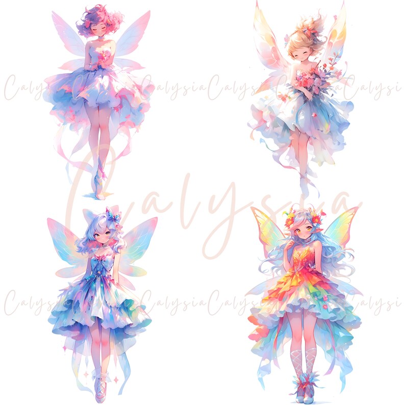 Watercolor Cute Pixie PNG Clipart Bundle, Fairy PNG White Background for Digital Prints ...