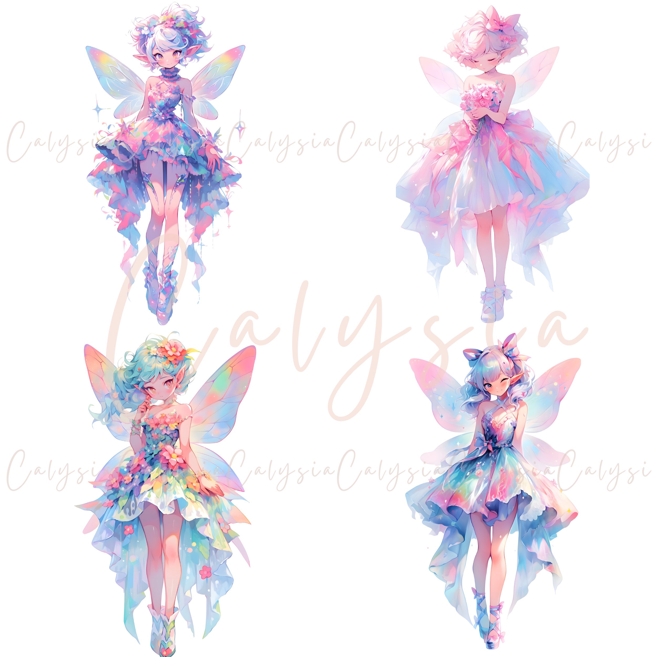 Watercolor Cute Pixie PNG Clipart Bundle, Fairy PNG White Background ...