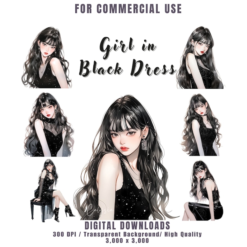 Girl in Black Dress Clipart Bundle, Glamour Girl Clip Art, Glitter ...