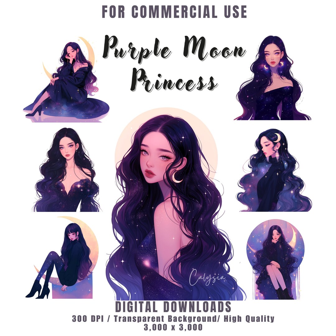 Moon Princess Clipart Bundle, Girl in the Moon PNG, Celestial Princess ...