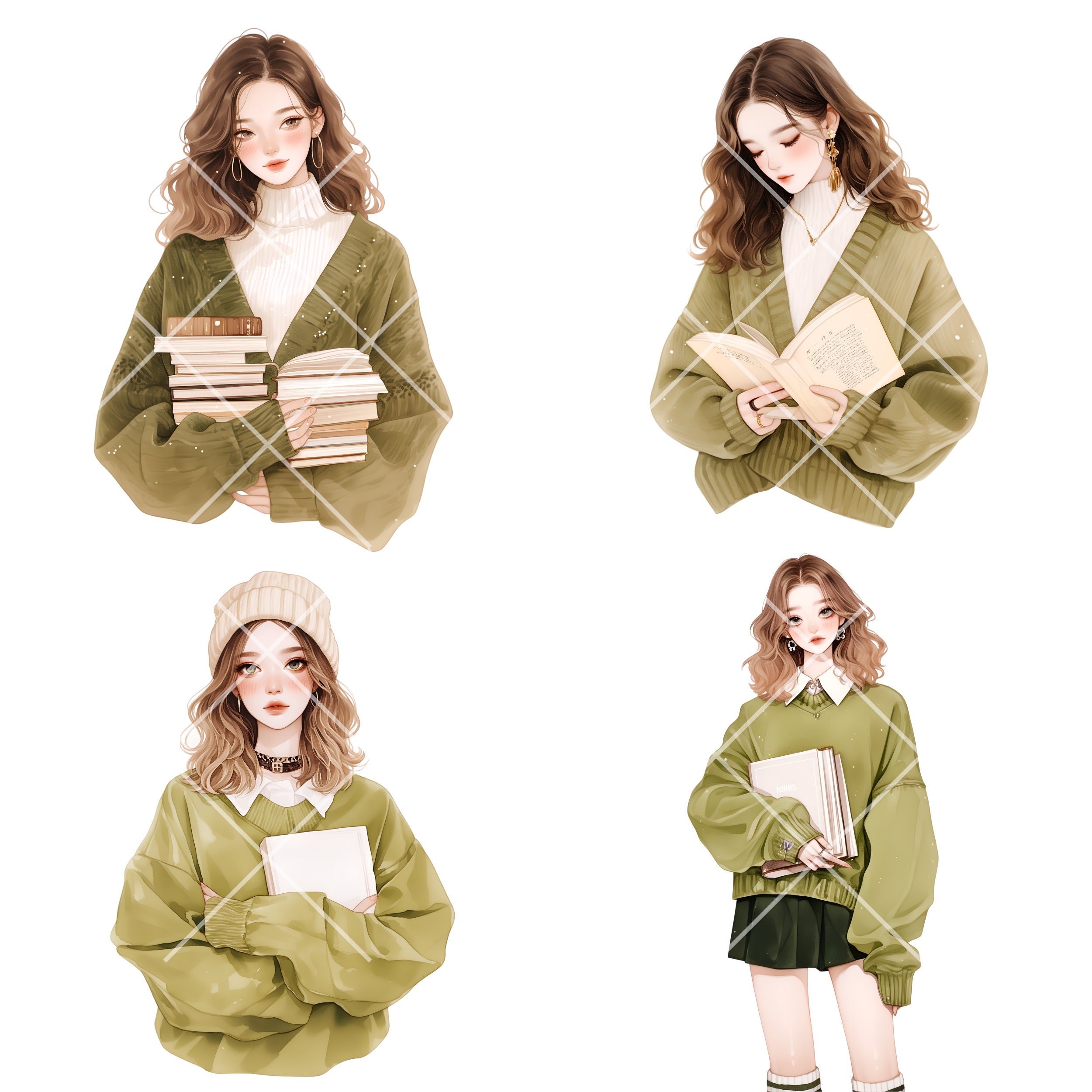 Watercolor Book Lover Girl in Green Clipart Bundle, Cute Girl Clipart ...