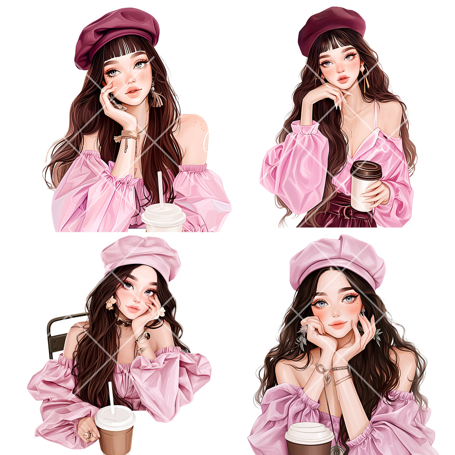 Watercolor Coffee Lover Clipart: Girl in Paris, Lady Boss (PNG Digital ...