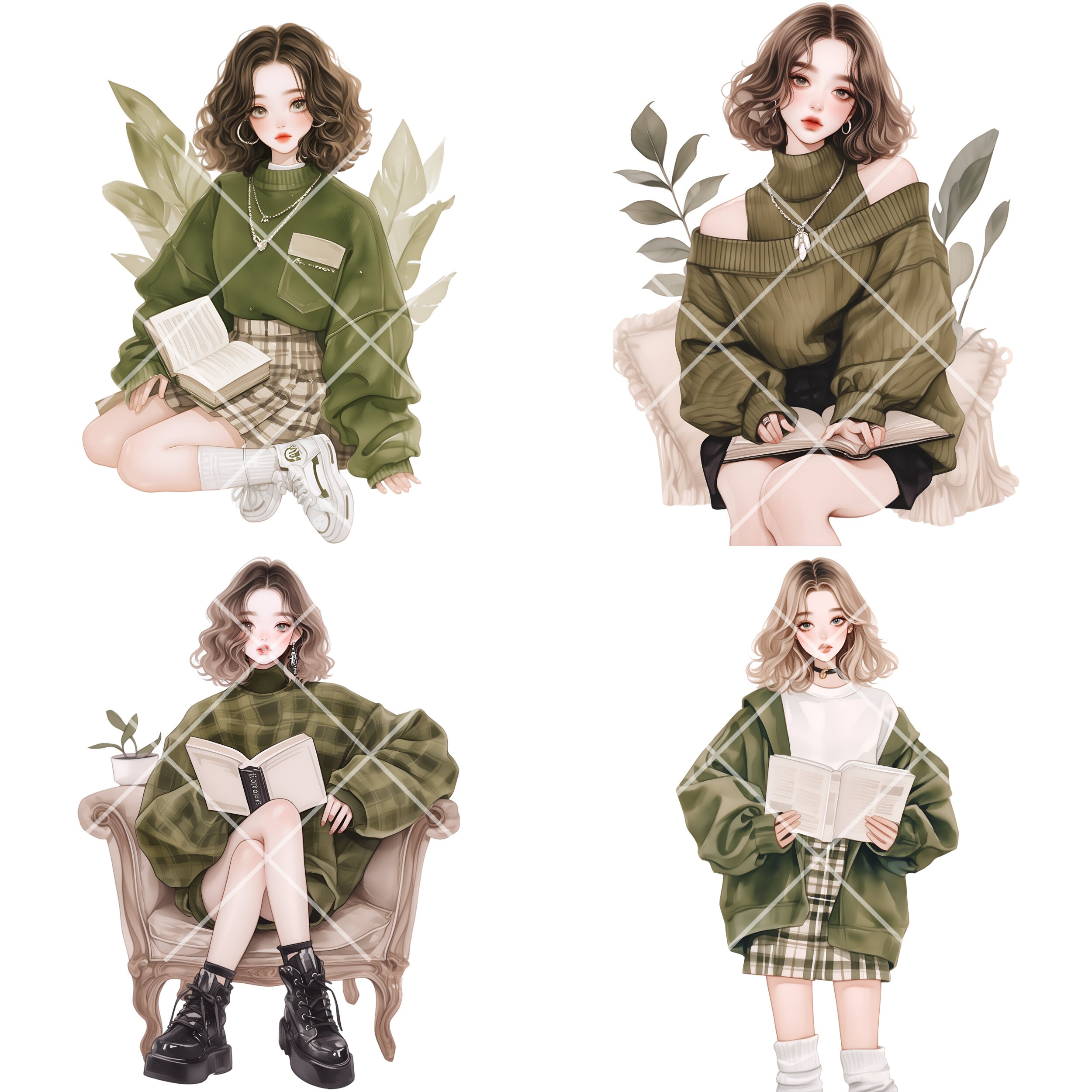 Watercolor Book Lover Girl in Green Clipart Bundle, Cute Girl Clipart ...