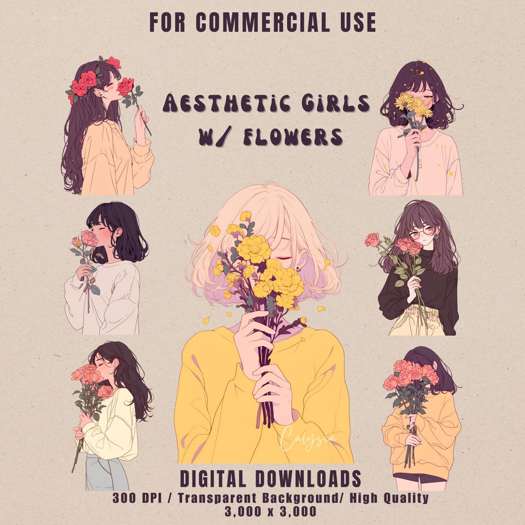 Aesthetic Girls Clipart Bundle, Aesthetic Girl PNG, Girl With Flowers ...