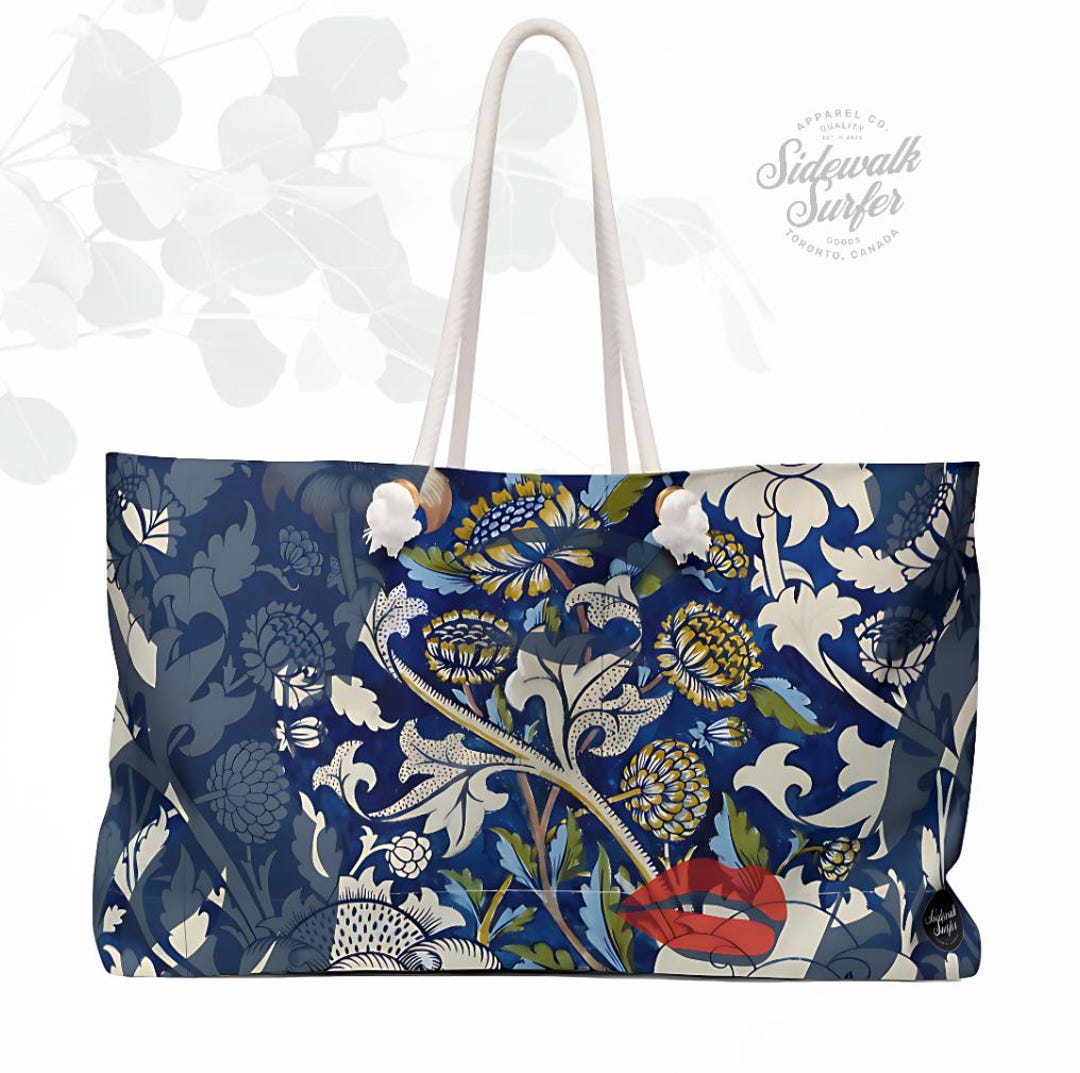 Blue Floral Weekender Bag, Boho Red Lipstick Travel Tote, Beach Bag ...