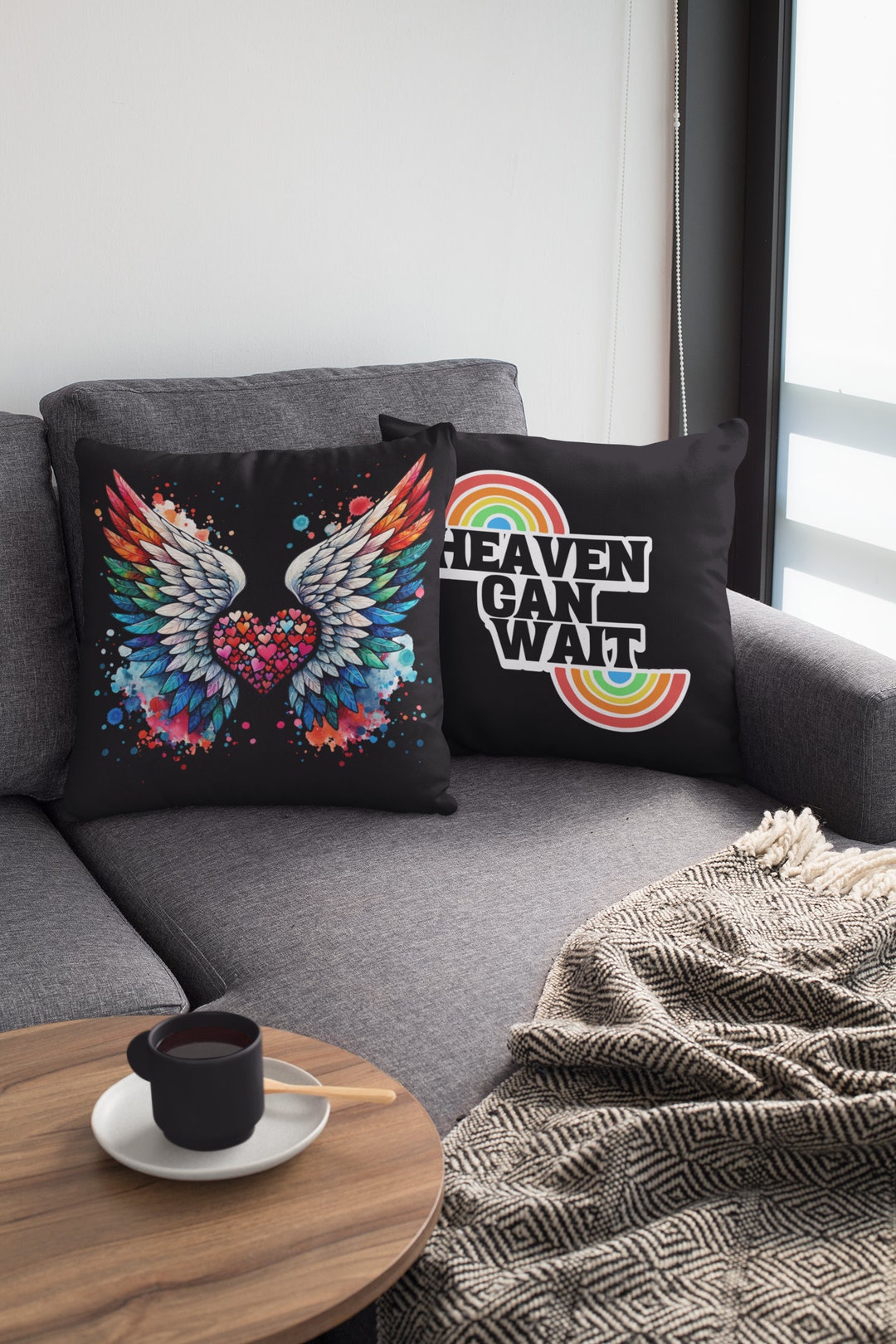 LGBT Pillow Heaven Can Wait Full of Pride Throw Black, Pride Sofa ...