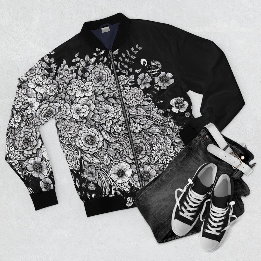 Flower Garden Bomber Jacket, Black Floral Jacket, White Flowers Jacket ...