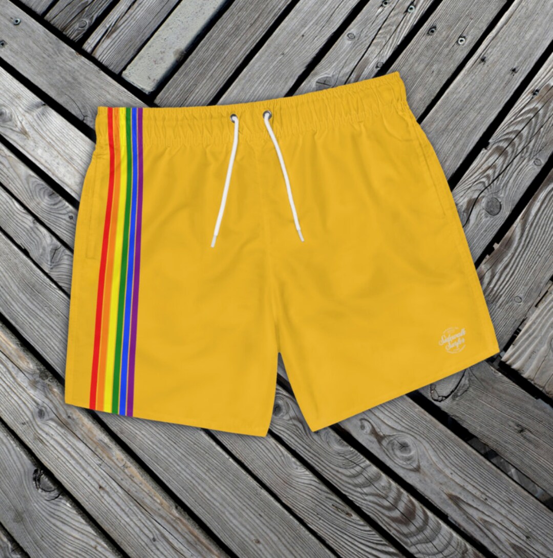 LGBT Rainbow Pride Stripe Swim Trunks: Yellow Mesh-lined Swimsuit - Etsy