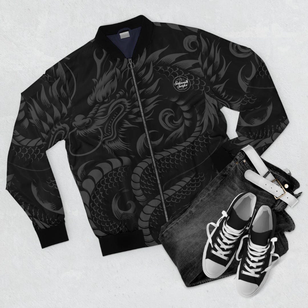 Faded Dragon Bomber Jacket, Black Dragon Jacket, Chinese Dragon Jacket ...