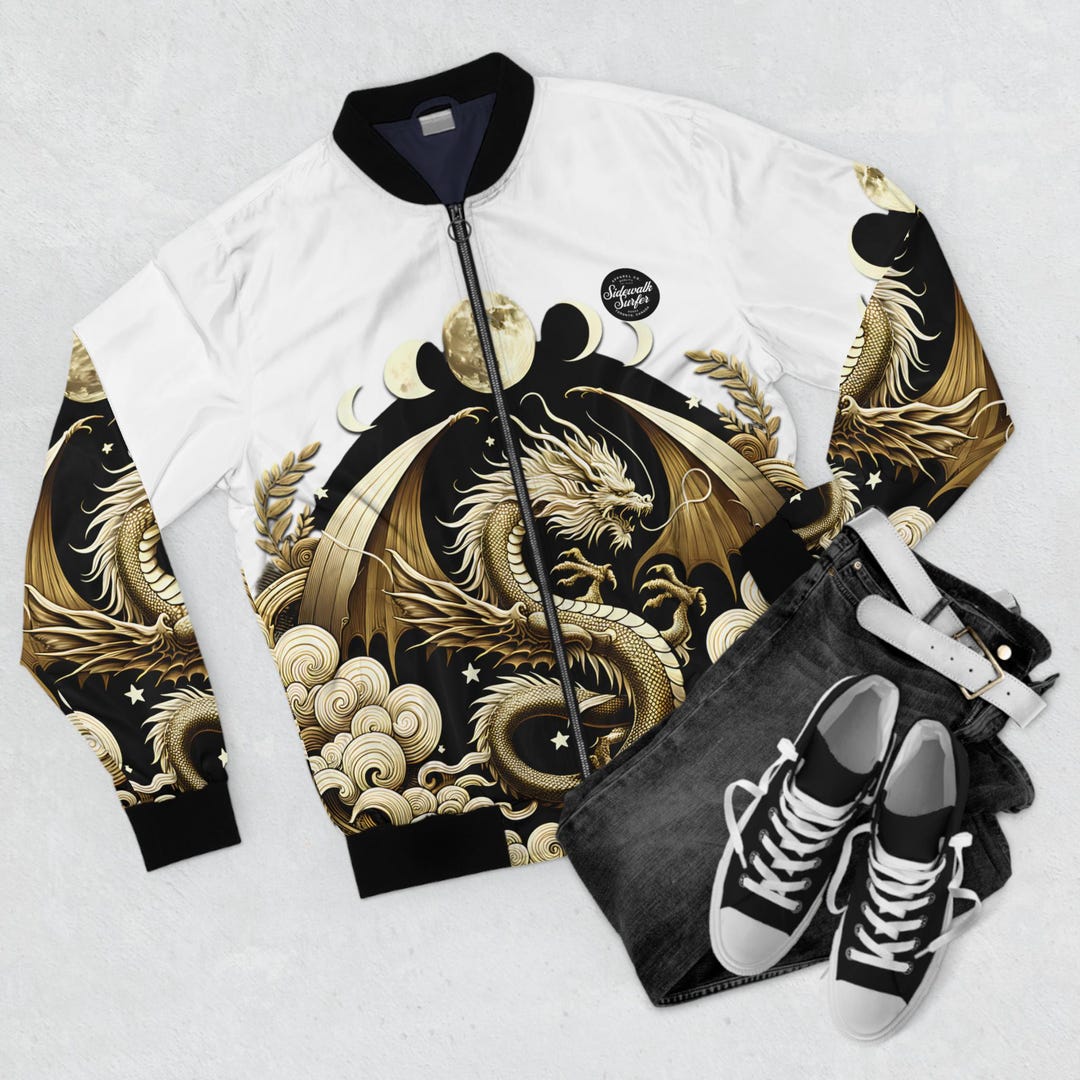 Japanese Sukajan Dragon Jacket, Moon Phase Gold Serpent Jacket, Golden ...