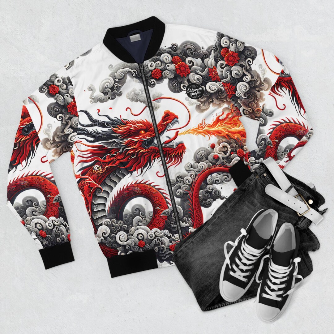 Japanese Sukajan Dragon Jacket, Red Serpent Jacket, Fire Dragon Bomber ...