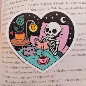 Skeleton Cat Reading Sticker | Cozy Spooky Bookish Gift for Readers ...