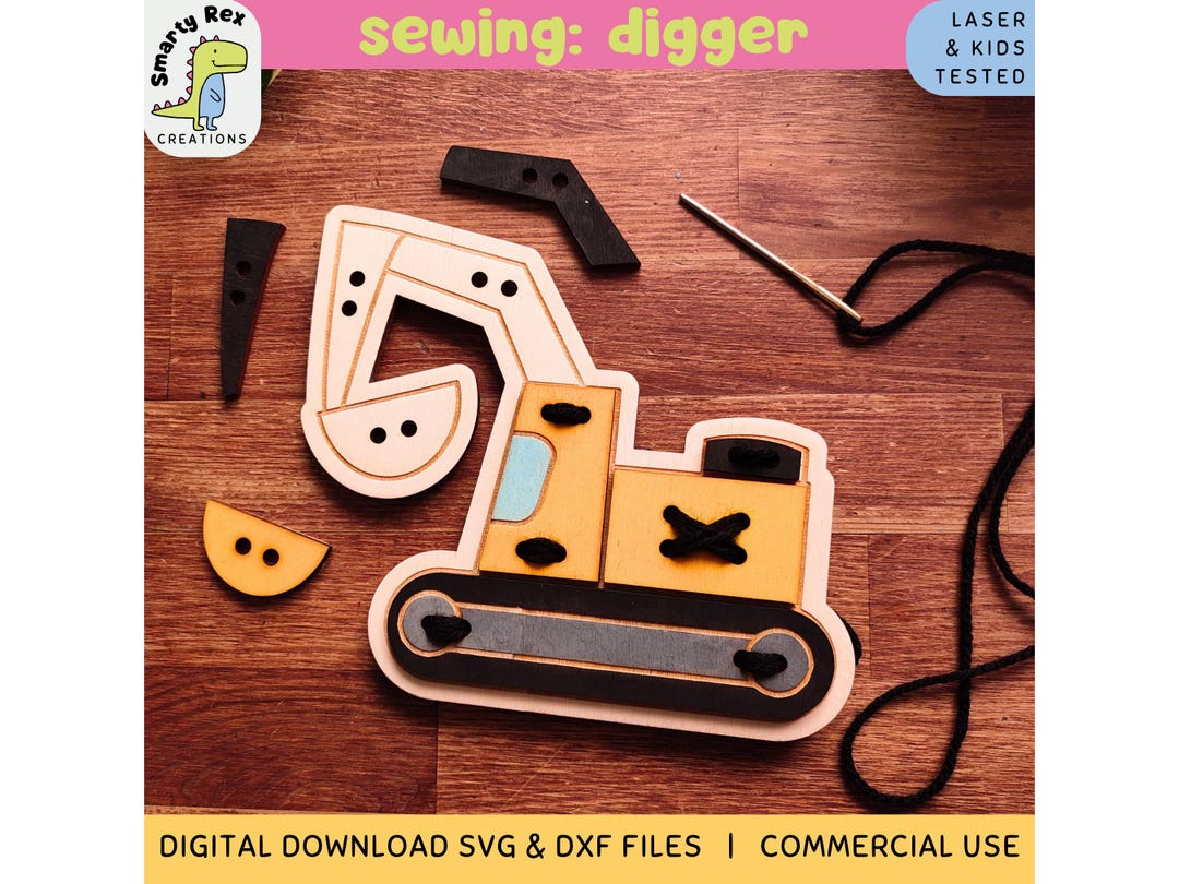 Digger Sewing for Kids Laser Cut, Sewing on Buttons SVG DXF, Lacing ...