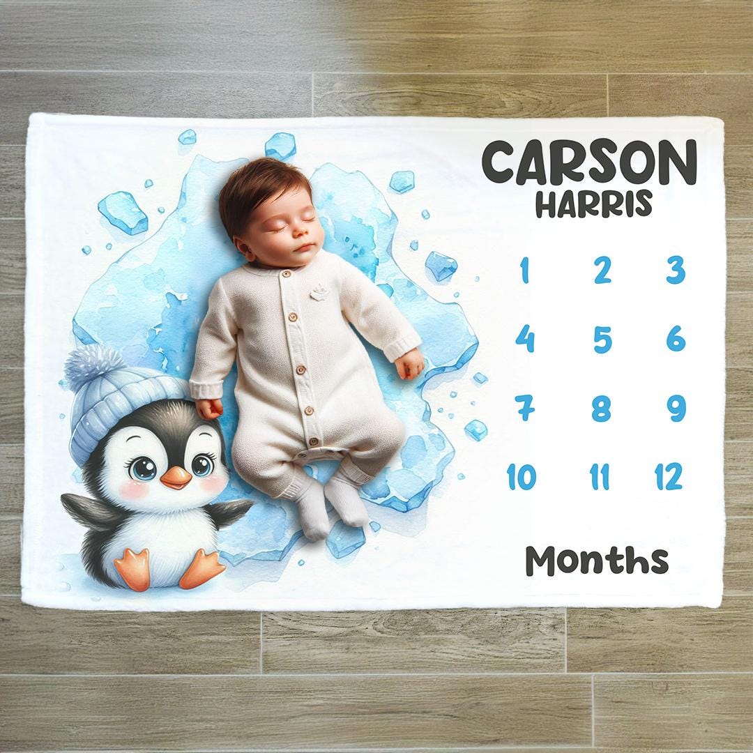 Penguin Milestone Blanket, Personalized Baby Blanket, Penguin Baby Gift ...