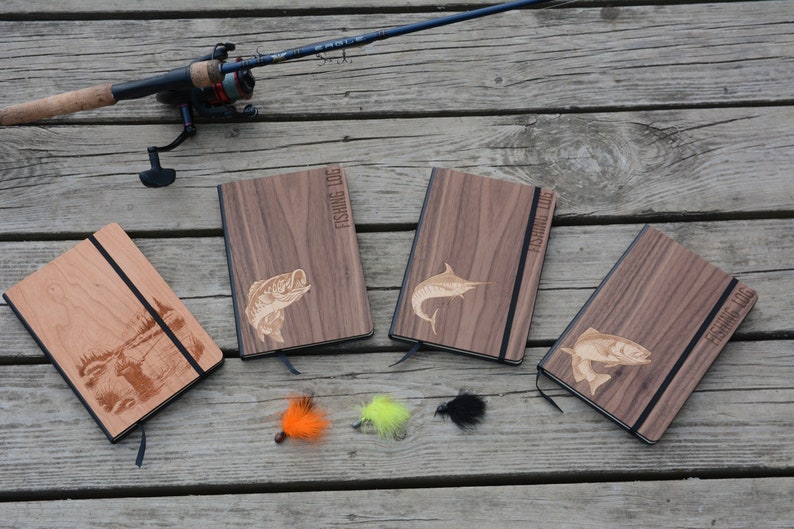 Fishing Log Journal: Engraved Wood Cover Notebook, Fishing Prompted ...