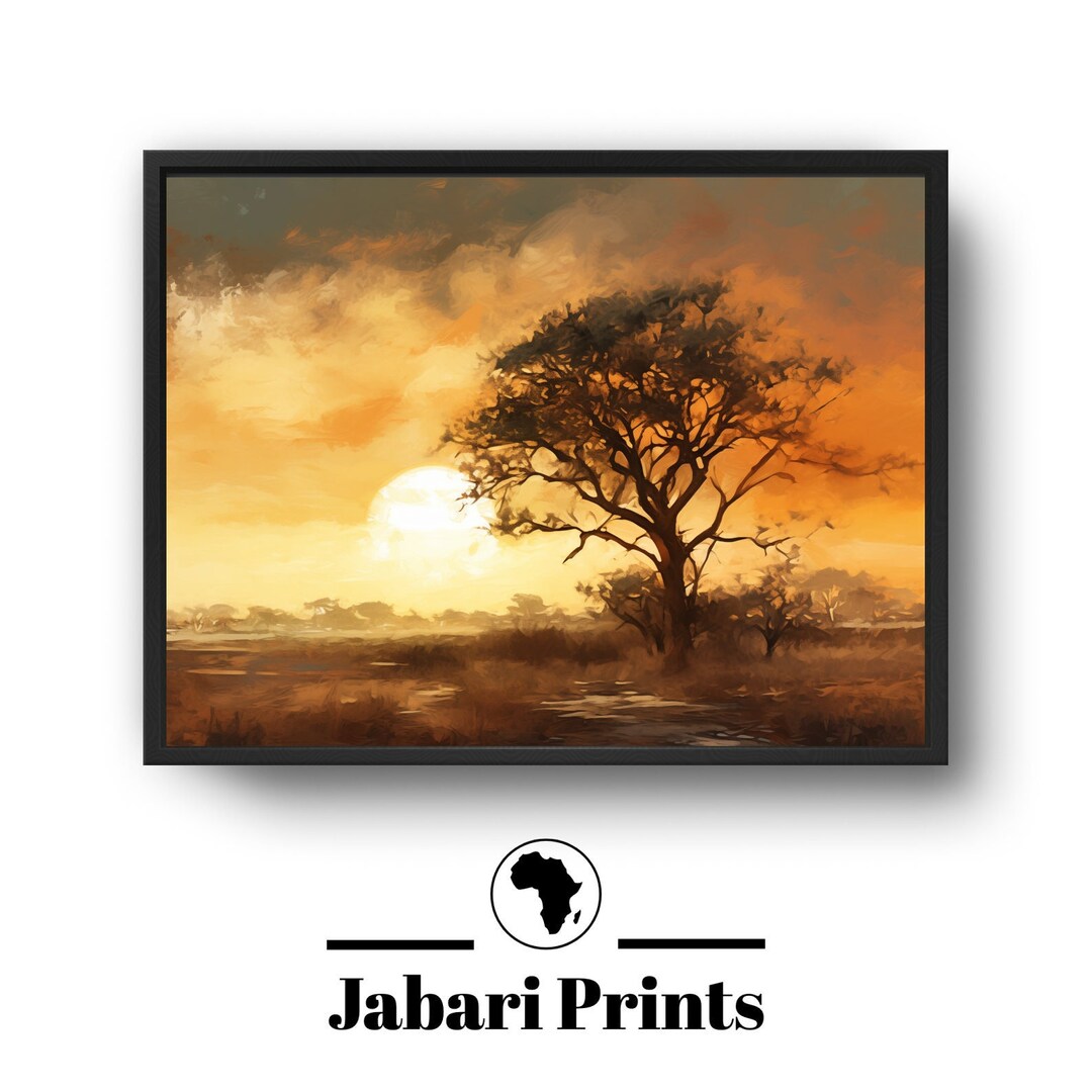 Printable Fever Tree Sunrise Landscape Oil Painting, Vintage Landscape ...