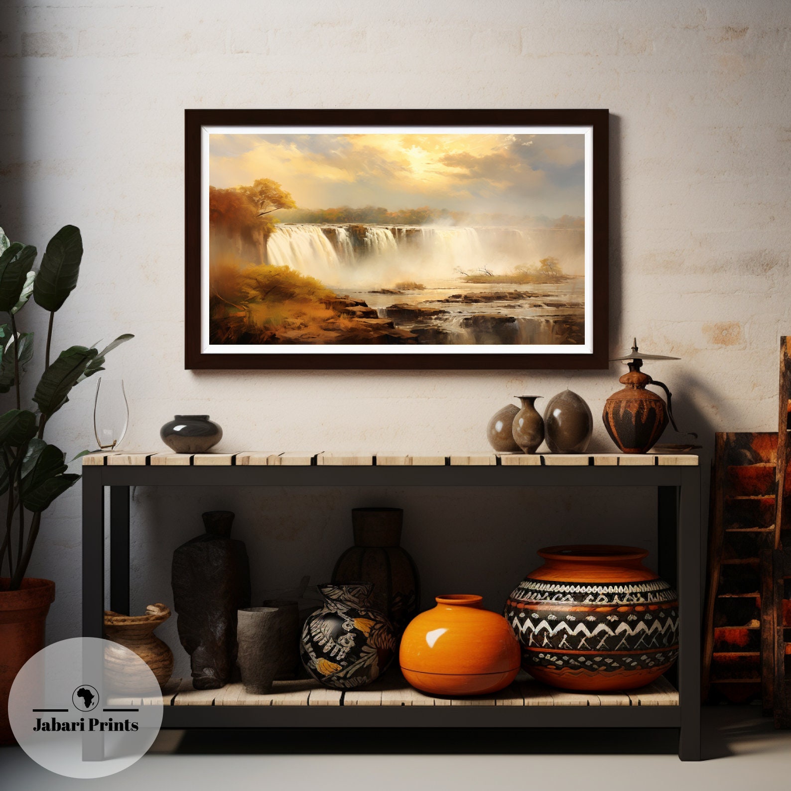 Printable African Waterfall Landscape Oil Painting, Vintage Landscape ...