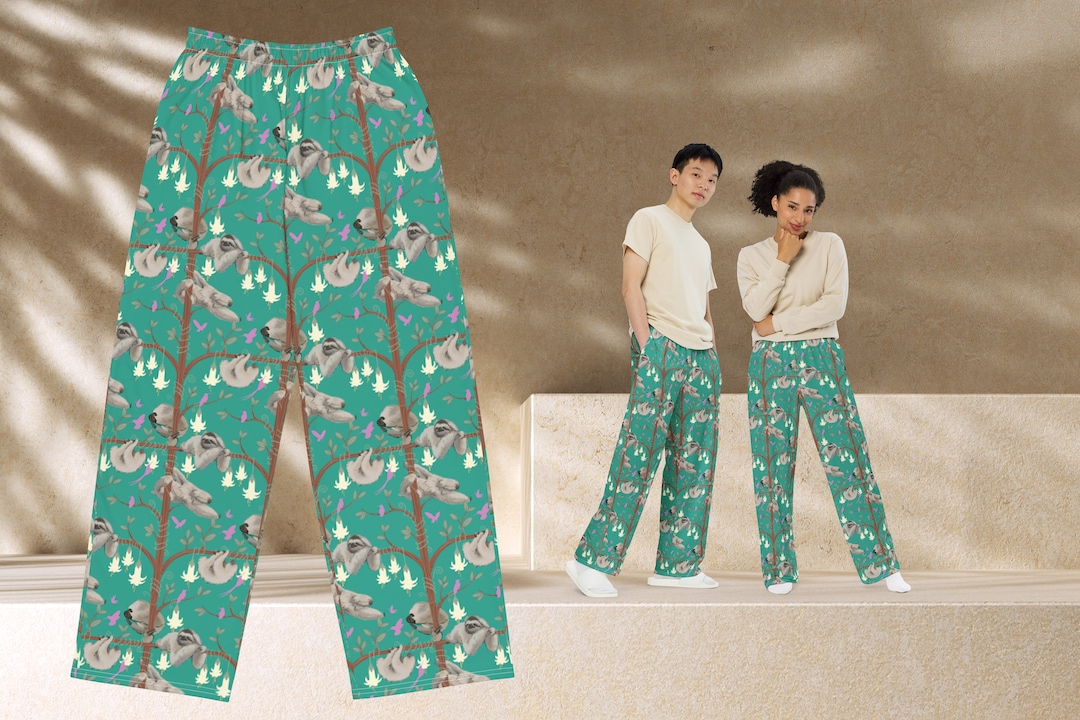 Sloth & Hummingbird Pajama Pants: Teal Floral Print, Unisex Lounge Wear ...
