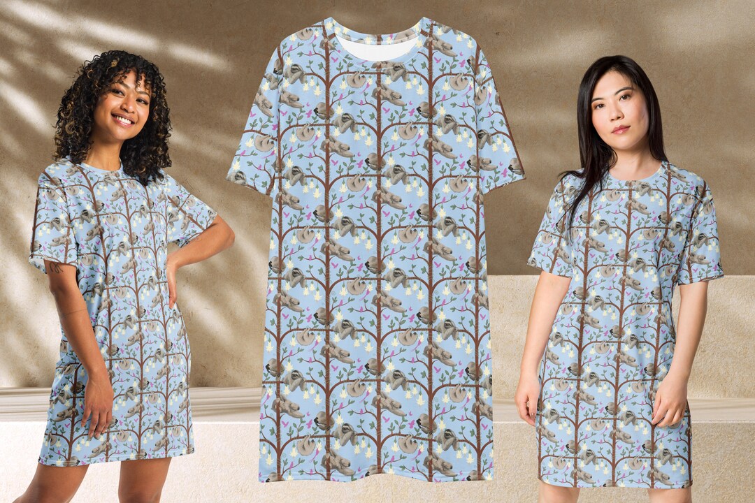 Sloth and Hummingbird Periwinkle T-shirt Dress, Sloth Pajamas, Gift for ...