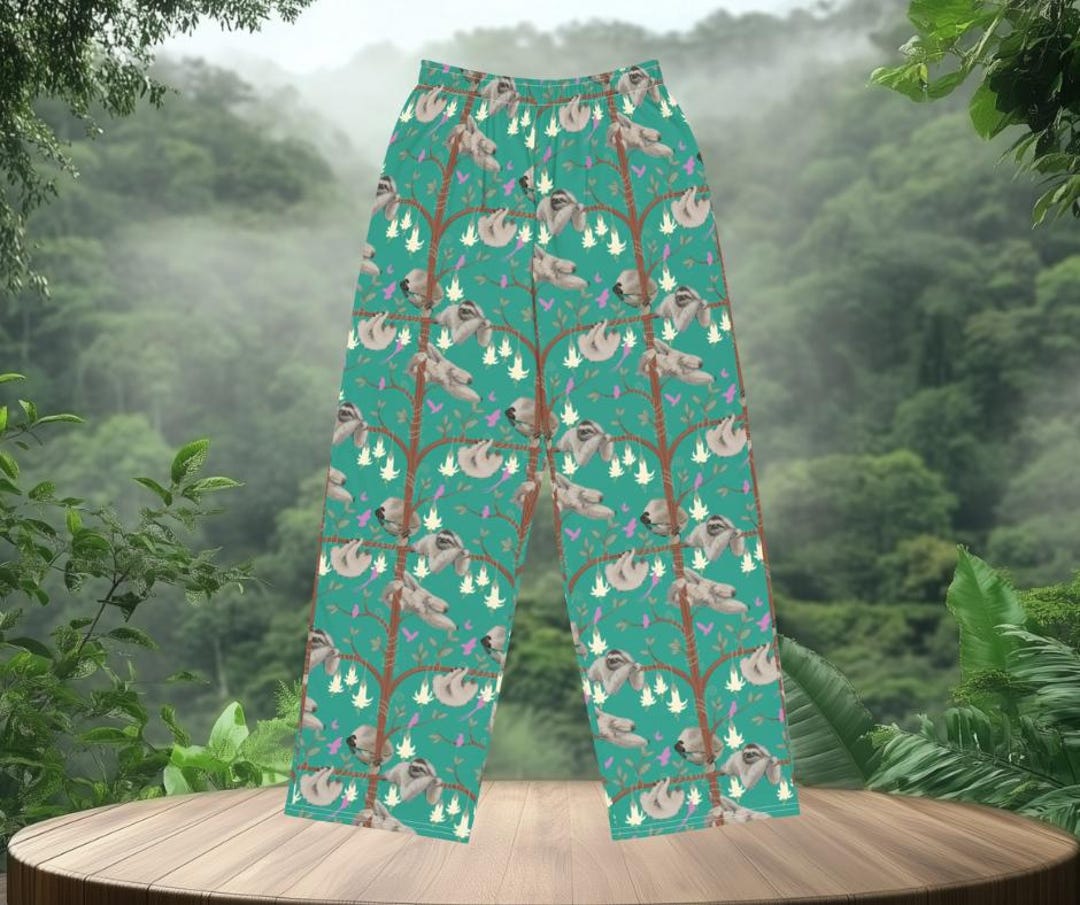 Sloth & Hummingbird Pajama Pants: Teal Floral Print, Unisex Lounge Wear ...