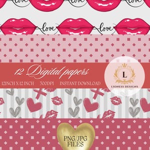 Valentine Seamless Digital Paper, Lips and Hearts Pattern, Scrapbooking ...