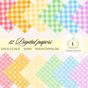 Daisy and Gingham Seamless Digital Paper Pattern - Multicolor Daisy ...
