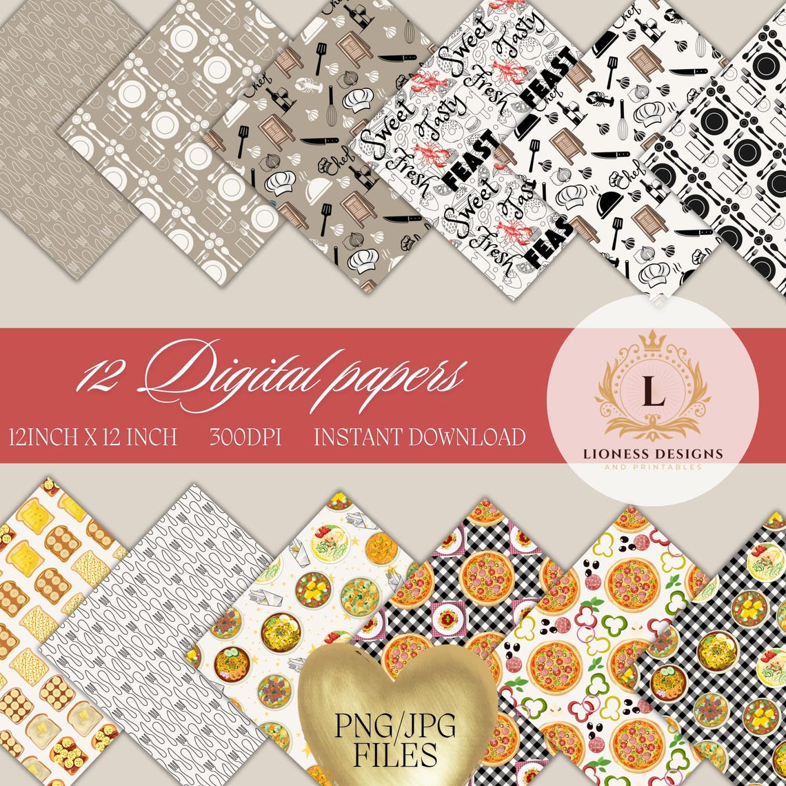 Restaurant Food Seamless Patterns, Black White and Beigh, Scrapbooking ...