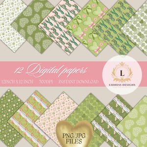 Valentine Seamless Digital Paper, Green Floral Heart Pattern ...