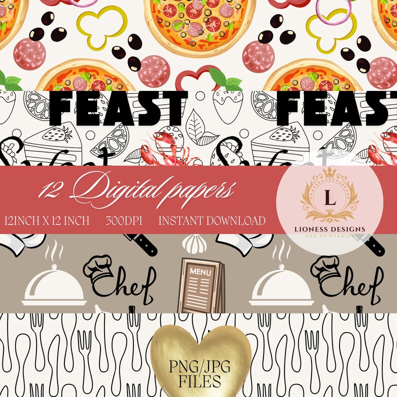 Restaurant Food Seamless Patterns, Black White and Beigh, Scrapbooking ...