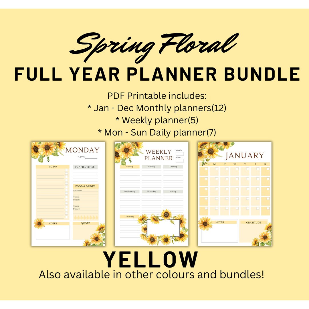 Sunflower Full Yearly Planner Printable - Etsy