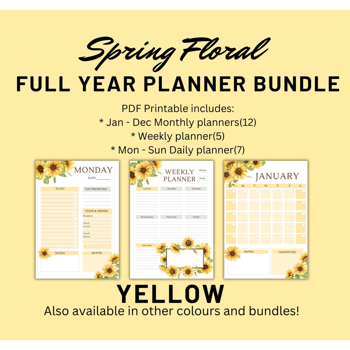 Sunflower Full Yearly Planner Printable - Etsy