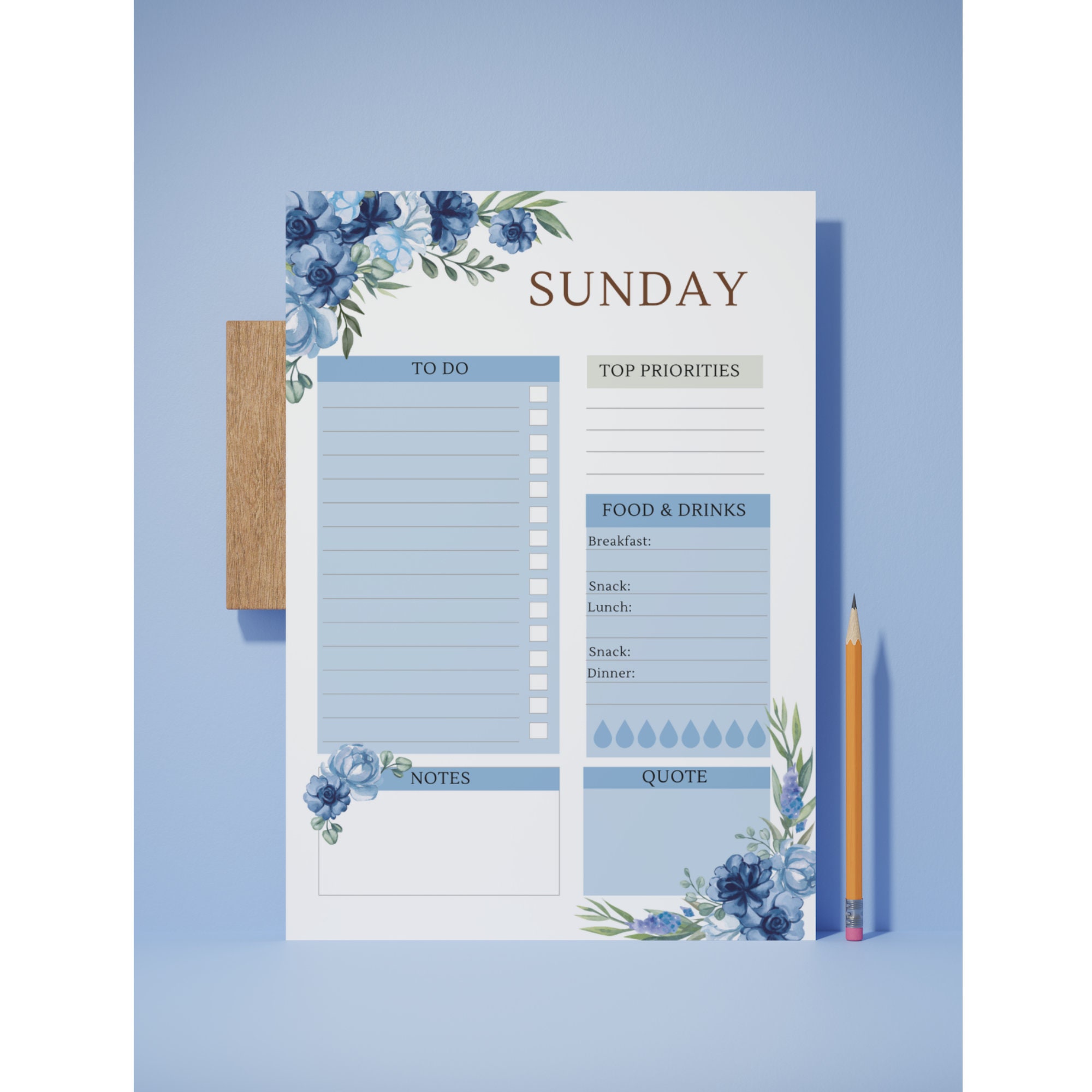 Blue Flower Daily Planner Printable - Etsy
