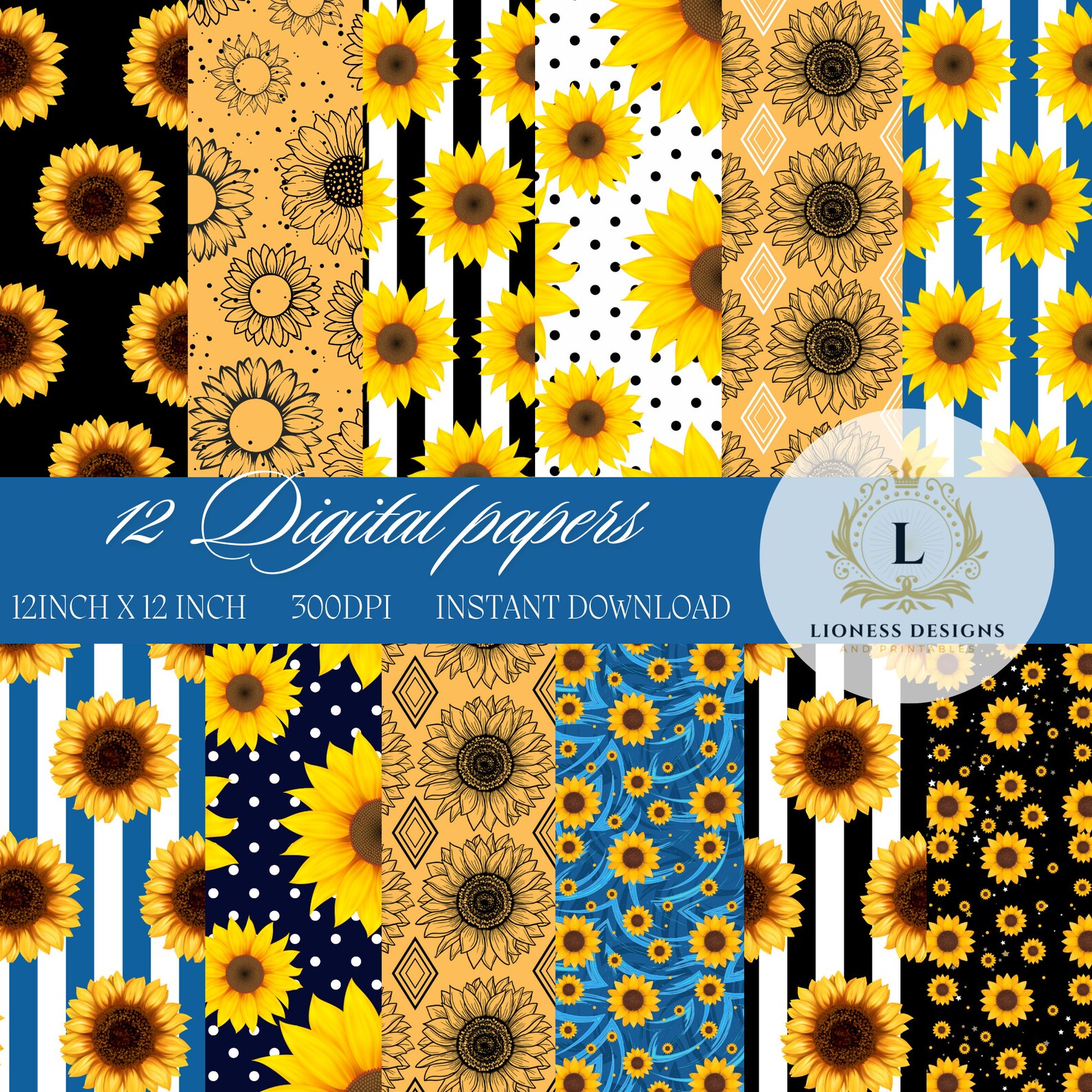 Sunflower at Night Digital Paper Pattern - Sunflower Pattern for ...