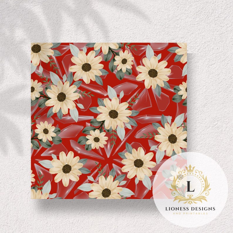 Broken Glass and Flowers Seamless Patterns, Red Orange and Yellow ...